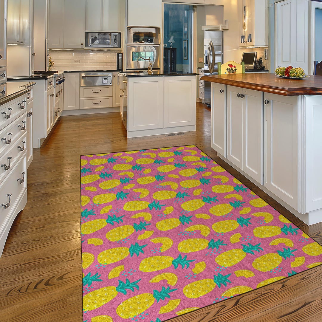 Pink Pineapple Kitchen Rug: Tropical Yellow Fruit, Non-slip, Washable ...