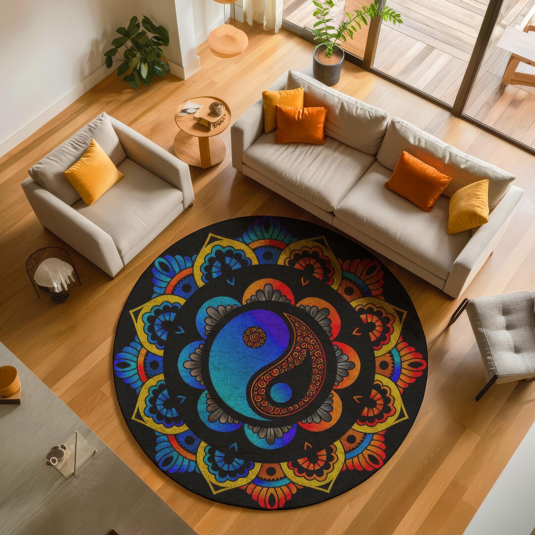 Yin Yang Mandala Round Rug, Colorful Boho Rug, Spiritual Home Decor ...