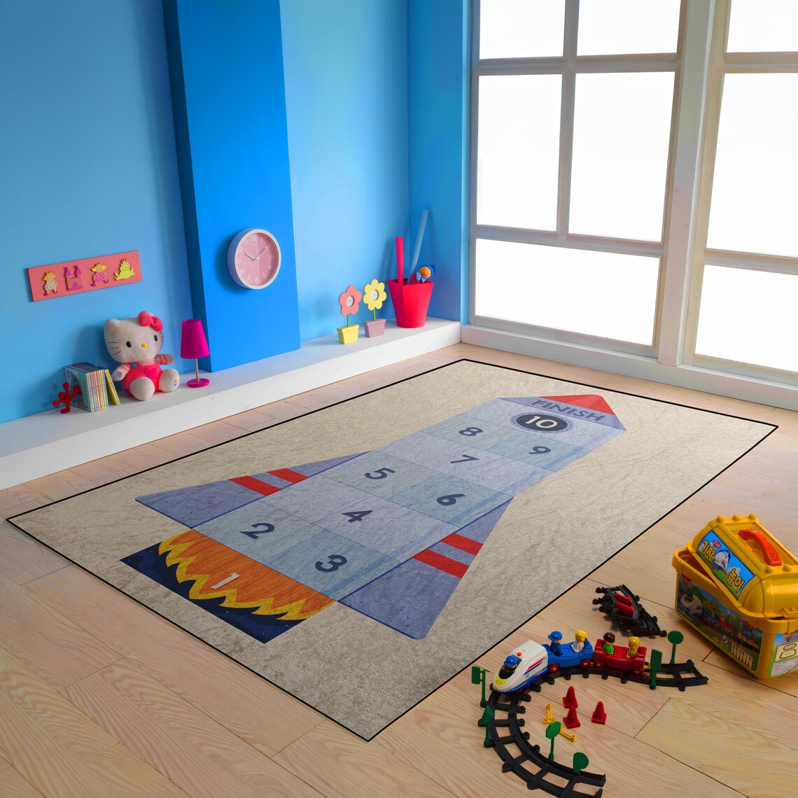 Rocket Ship Hopscotch Runner Rug – Beige, Blue, and Red Play Mat for ...
