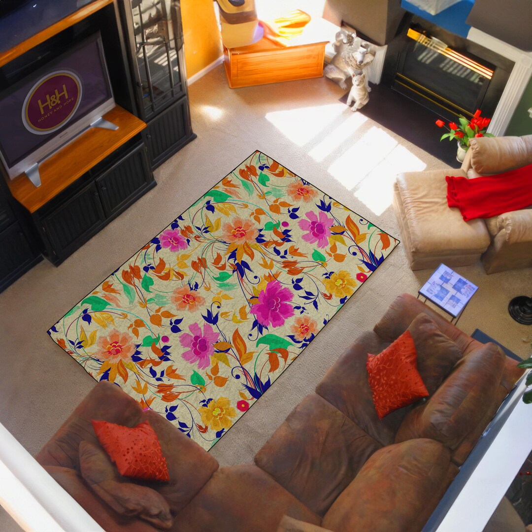 Colorful Floral Pattern Area Rug – Pink, Orange, and Green on White ...