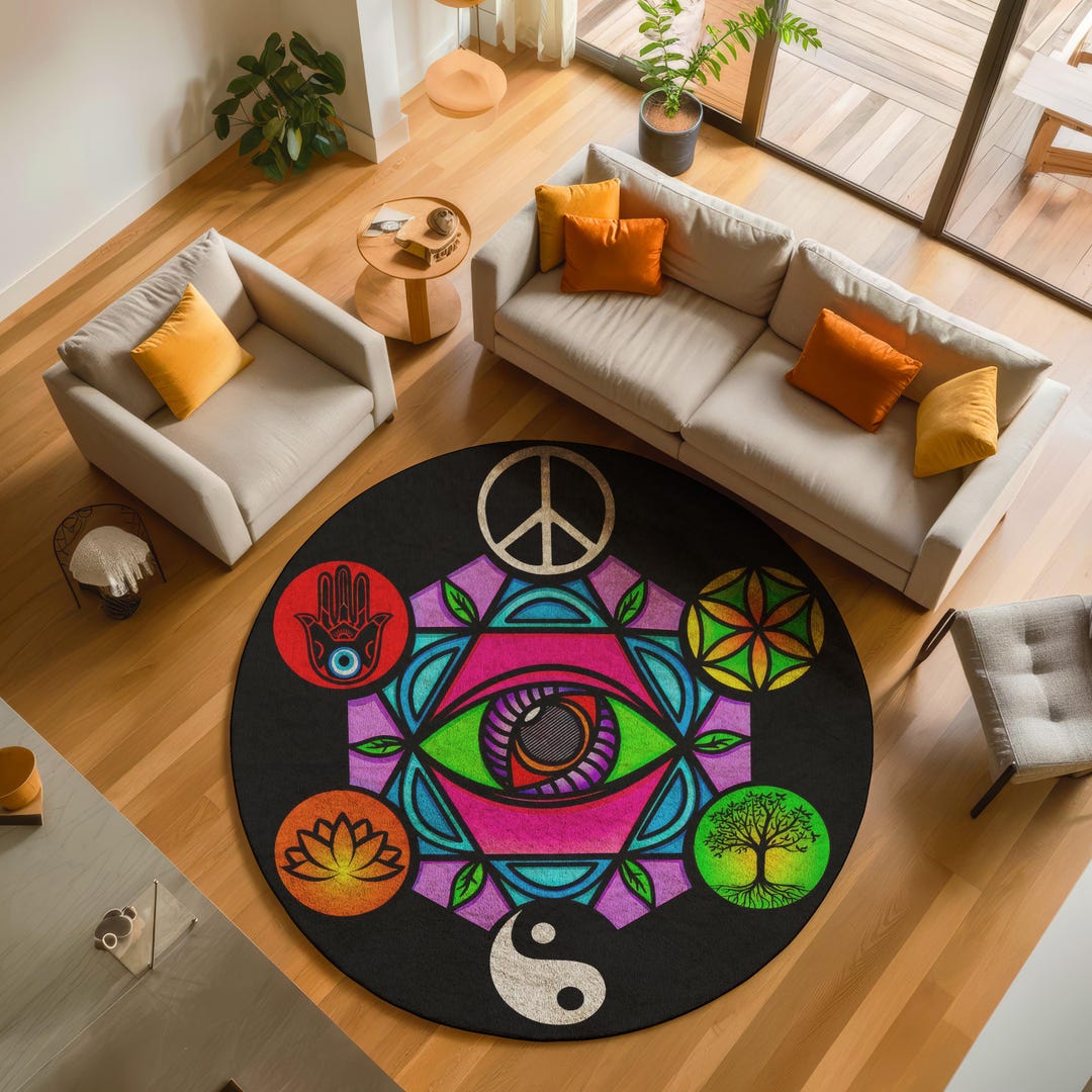 Spiritual Symbols Round Rug, Peace and Harmony Decor, Yin Yang Lotus ...
