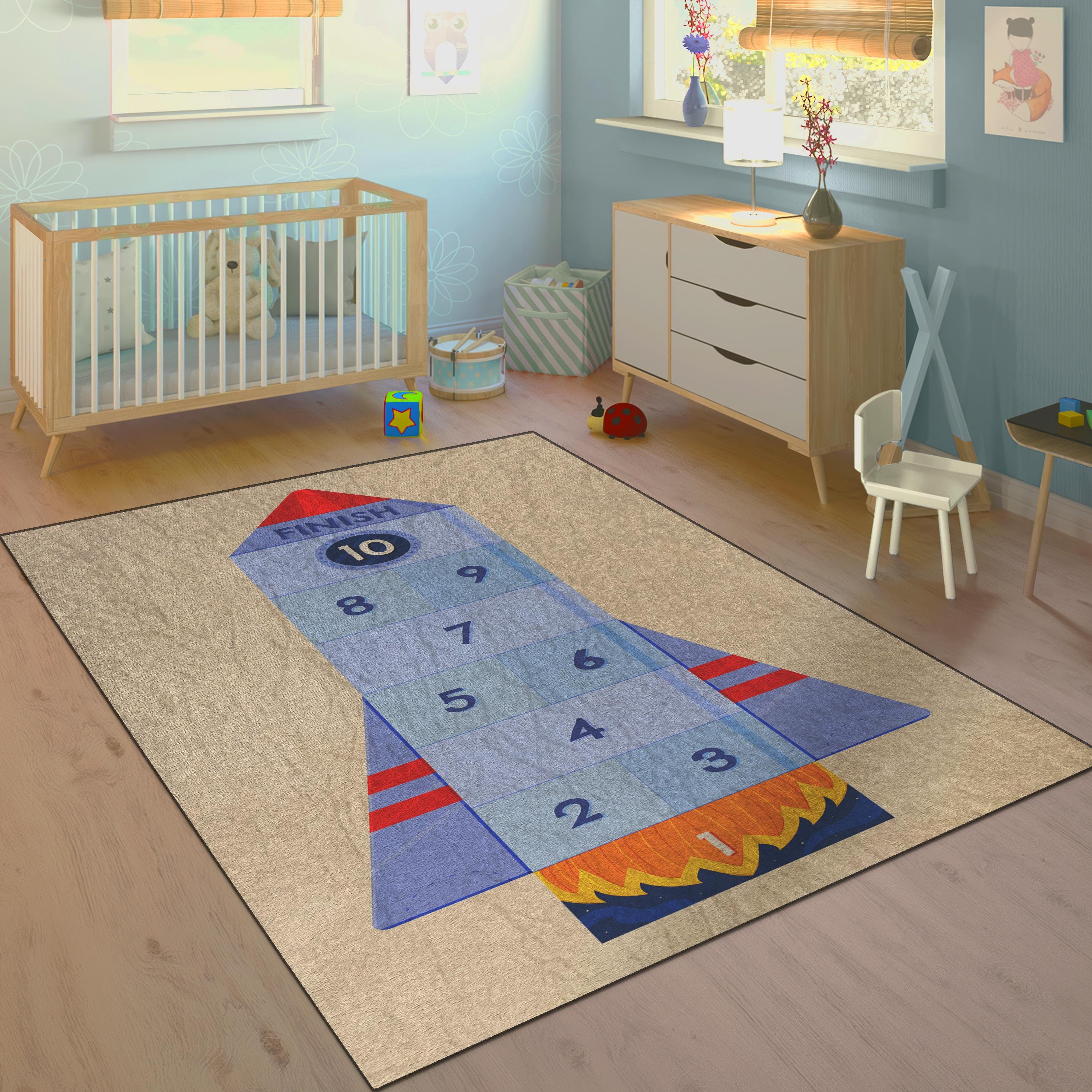 Rocket Ship Hopscotch Runner Rug – Beige, Blue, and Red Play Mat for ...