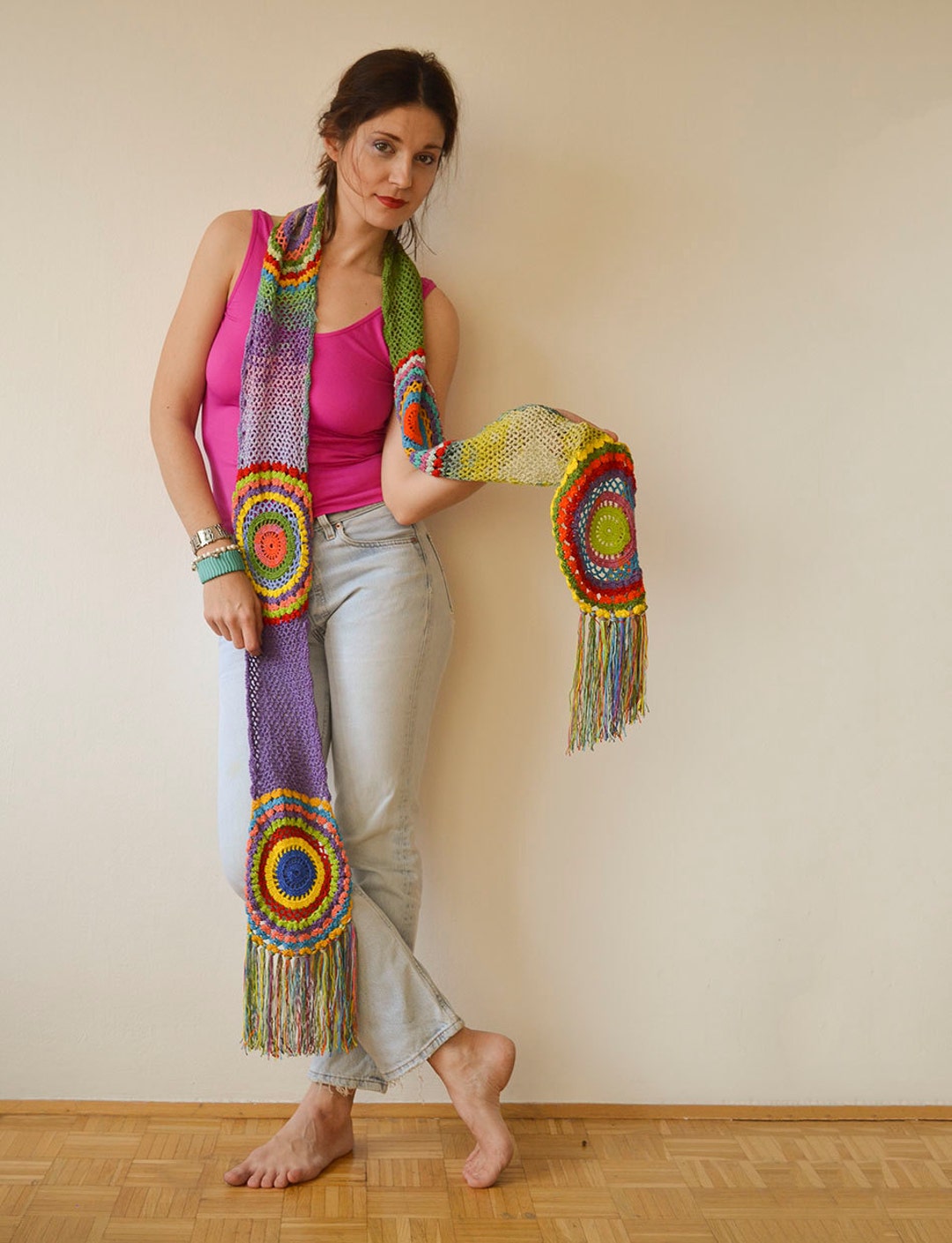 Multicolor Crocheted Circle Scarf, Light Silky Yarn - Etsy