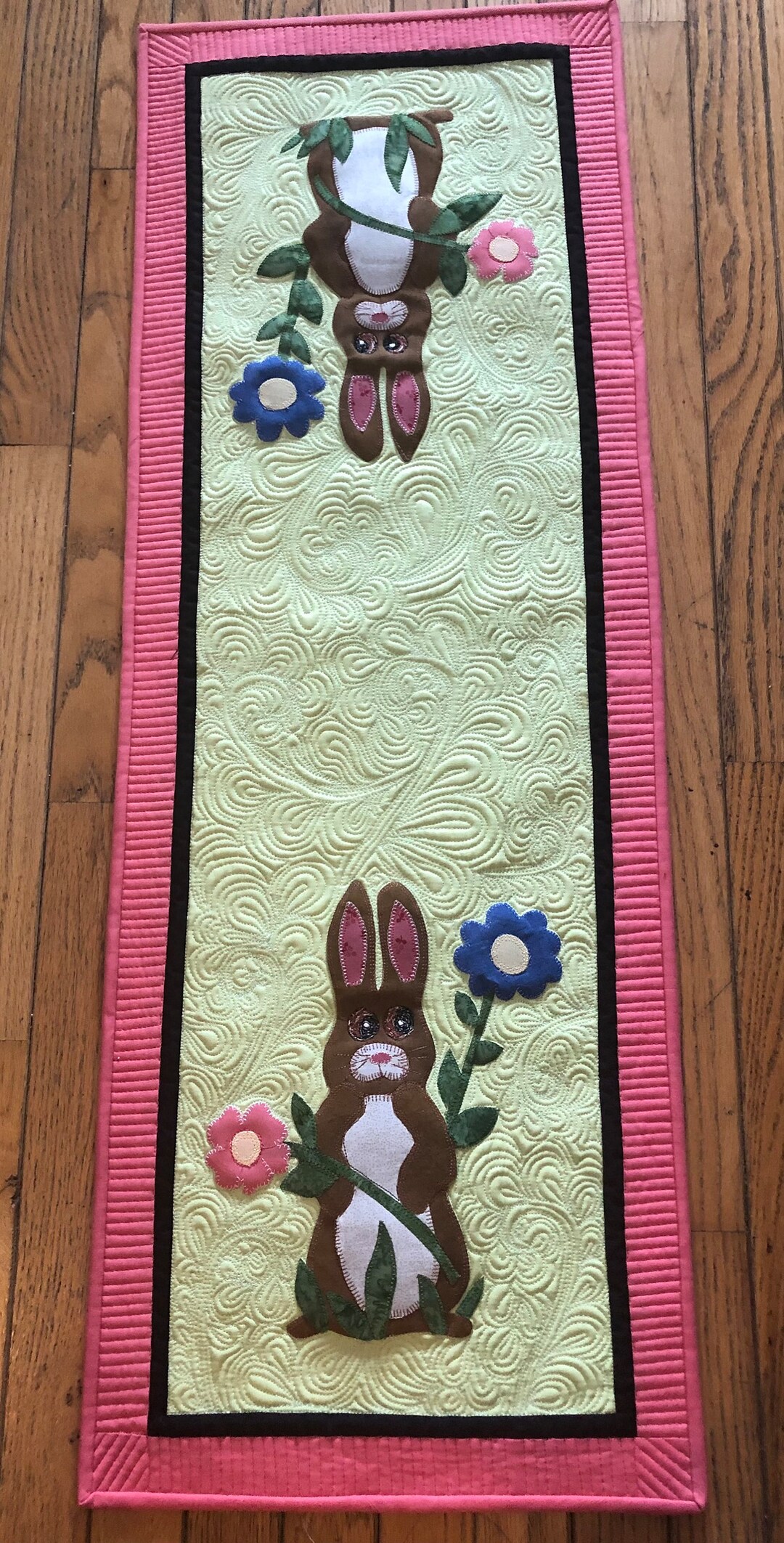 Bunny Table Runner. Quilted Table Runner, 40 by 15 , Appliqué Table Runner ,fiber Arts, Spring ...