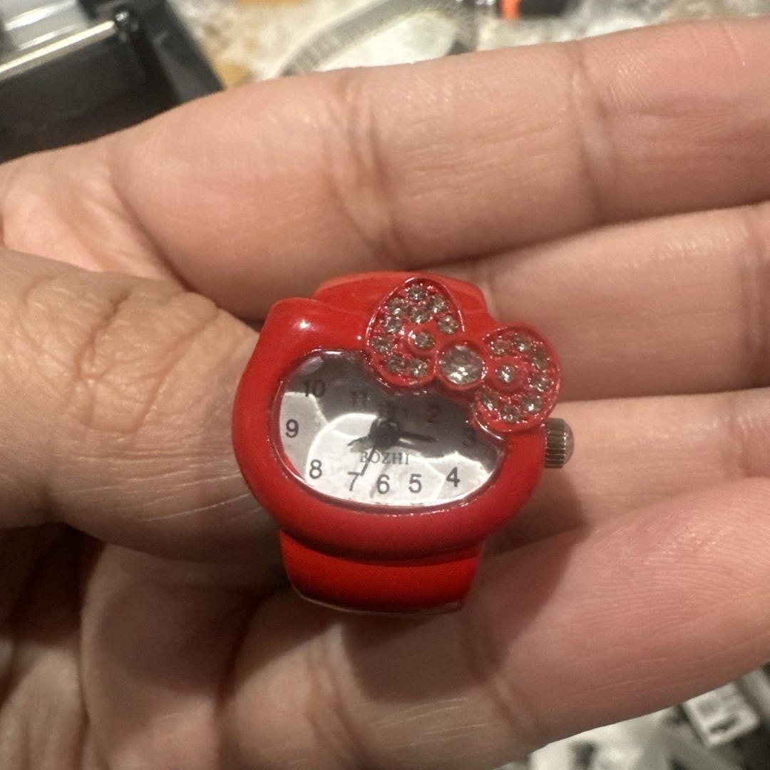 New Hello Kitty Finger Ring Watch Adjustable Steel Strap Red Glass Face ...