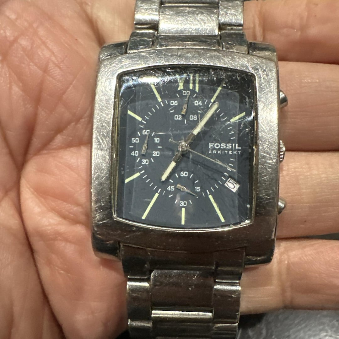 Works Vintage Mens Fossil Arkitekt FS-2873 Rectangle Oversized Steel ...