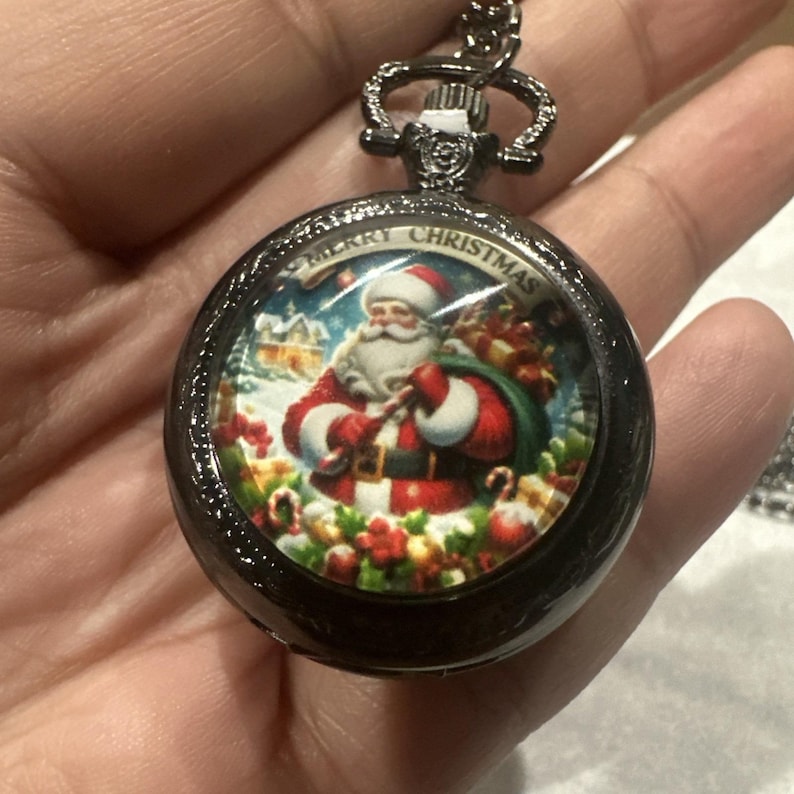 New Santa Claus Pocket Watch Black 36mm Quartz Unisex Christmas Holiday ...