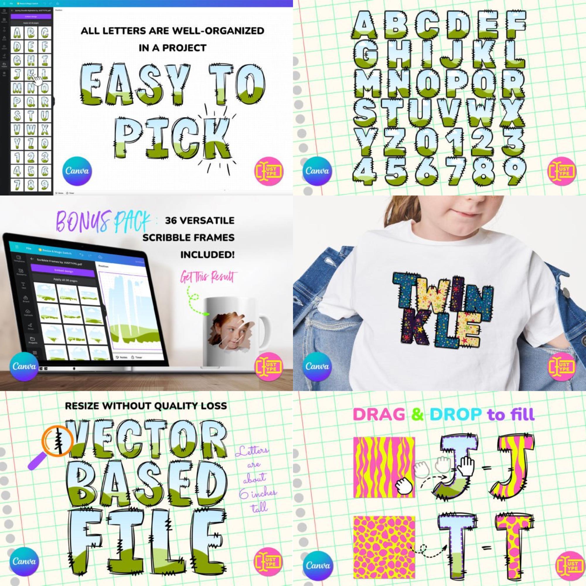 Canva Frame Doodle Alphabet UPPERCASE, and Numbers, Editable Canva ...