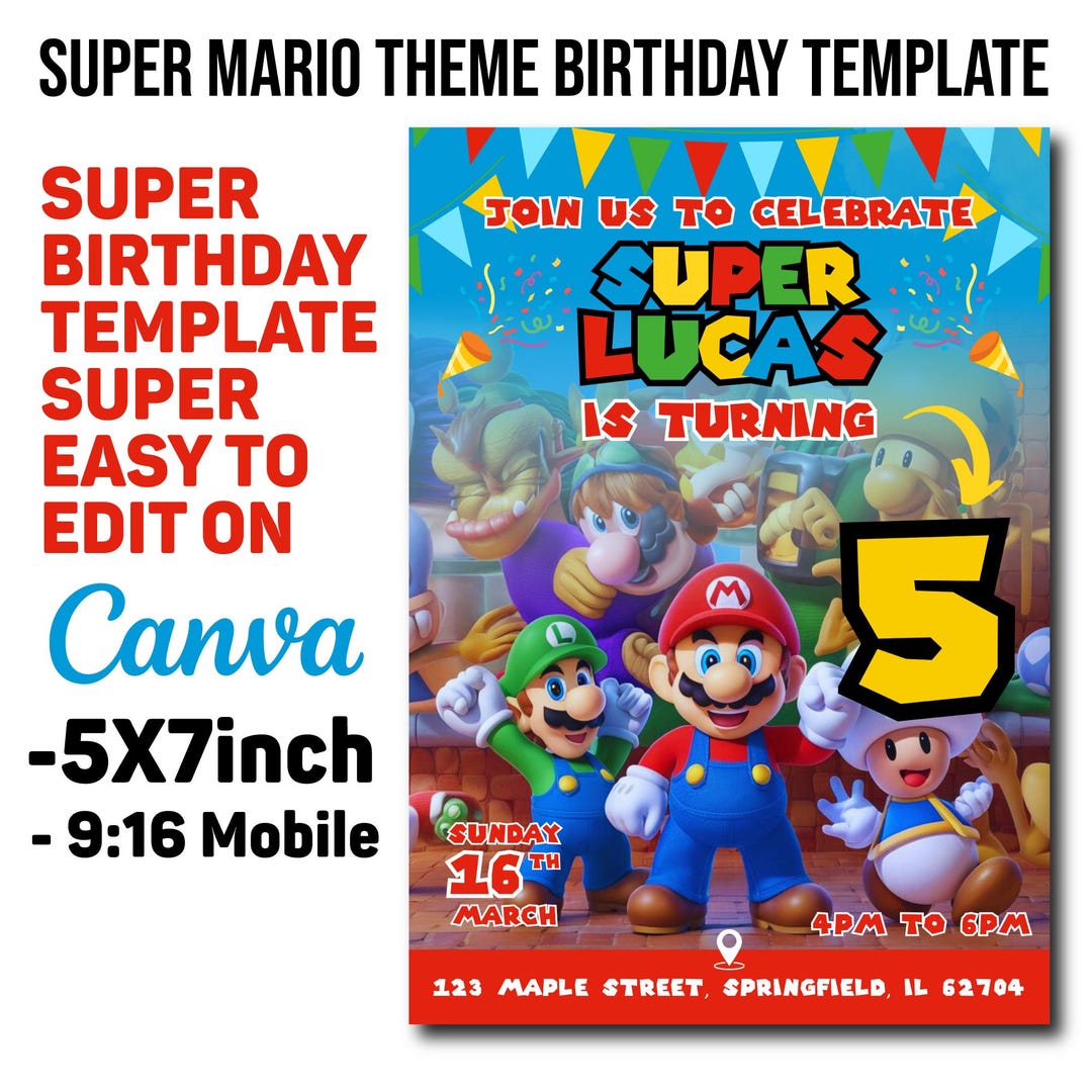 Super Mario Editable Birthday Invitation, Canva Template, Digital ...