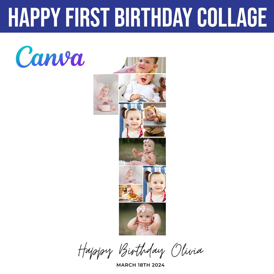 Plantilla de collage de fotos para el primer cumpleaños, collage con el ...