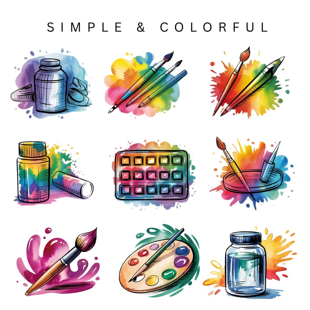 Artist Supplies Watercolor Clipart Bundle - 48 PNG Art Supplies Images ...