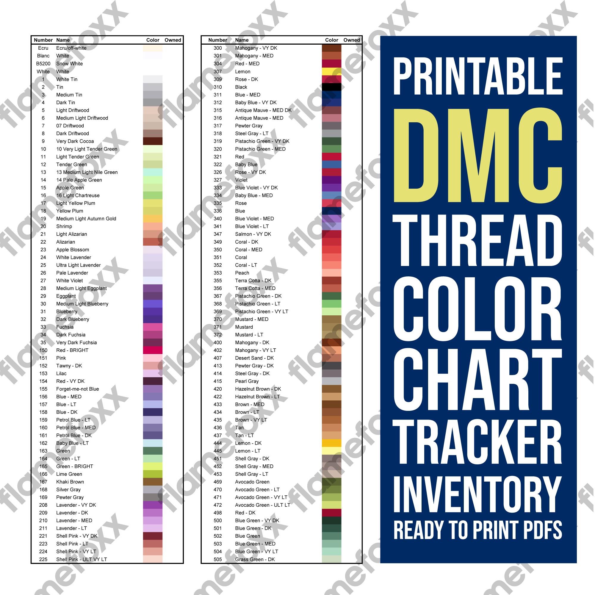 Printable DMC Thread Color Chart Tracker Inventory Sheet PDF Ready to ...