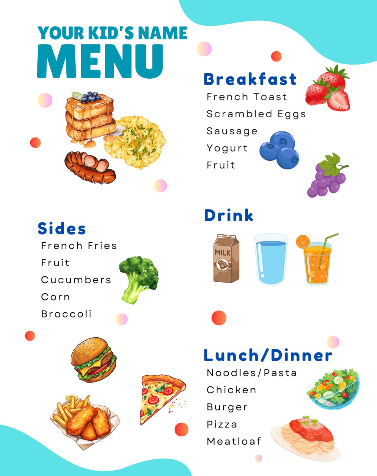 Custom Kids Meal Menus - Etsy