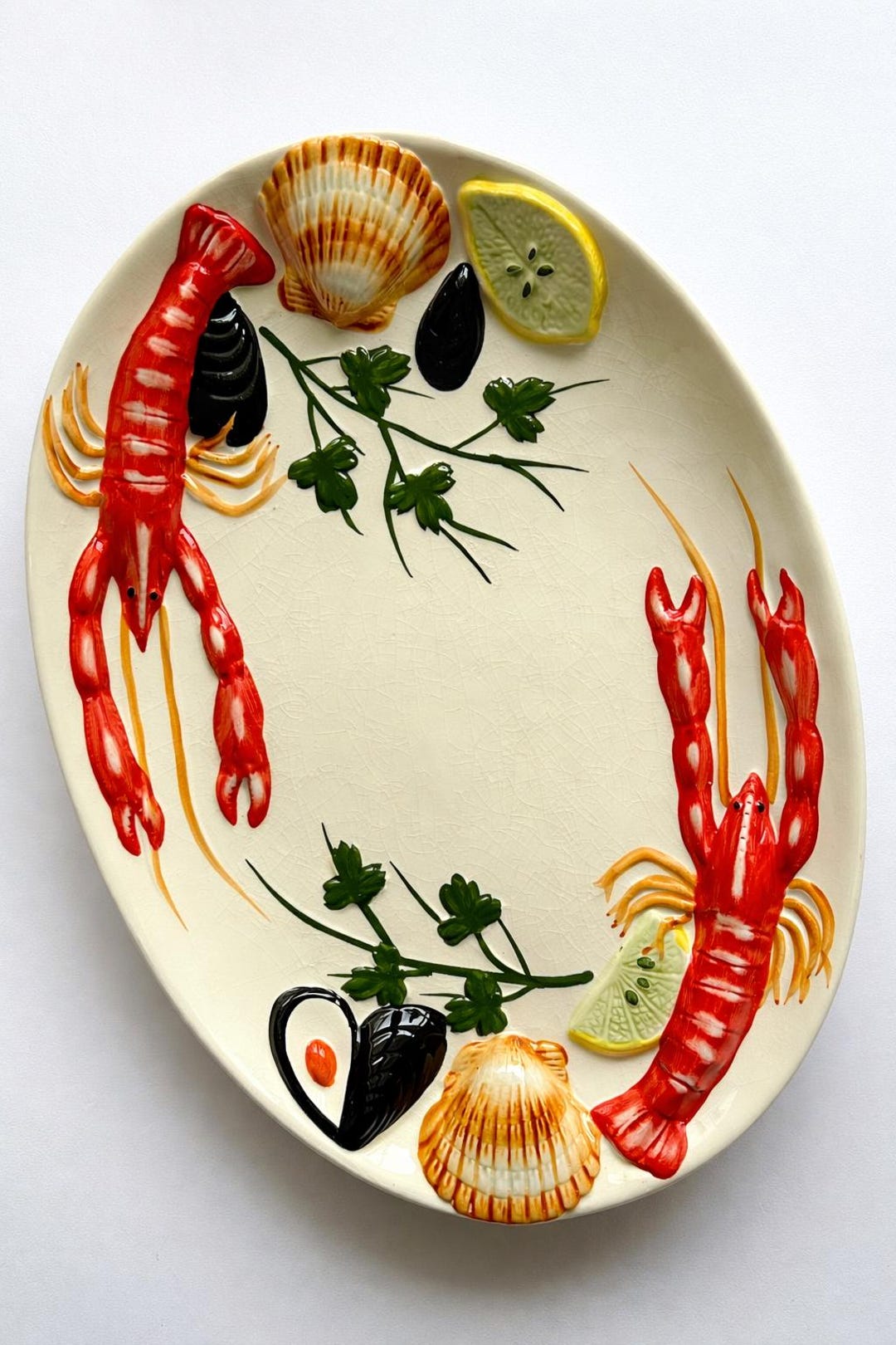 Large Vintage Italian Ceramic Platter, Embossed Crustacean Decoration ...