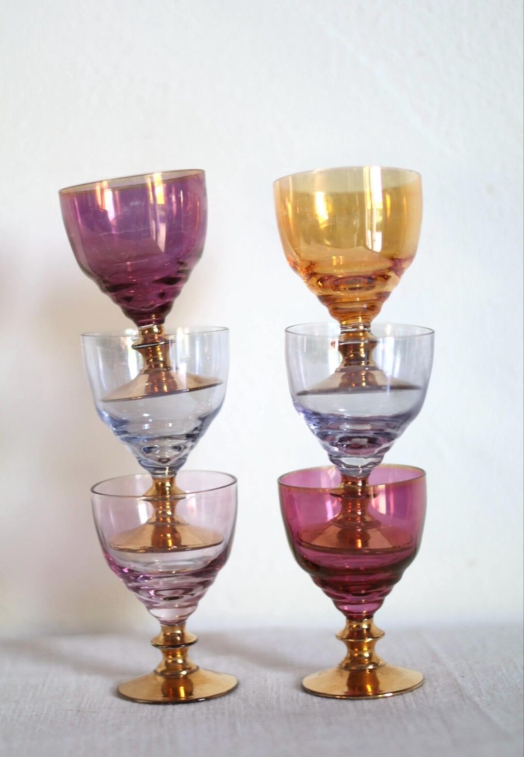 6 Vintage Colored Glass Digestive Glasses, Made in France, Party Table ...
