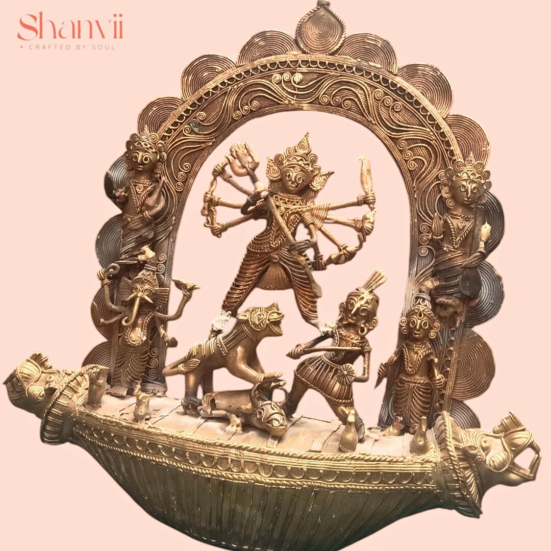 Indian Dhokra Art Durga Statue on Boat| Tribal Art for Home Temple ...