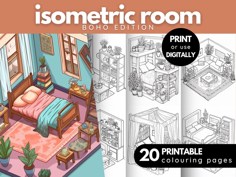 Isometric Room Coloring Pages, Cute Coloring Book for Relaxing, Boho ...