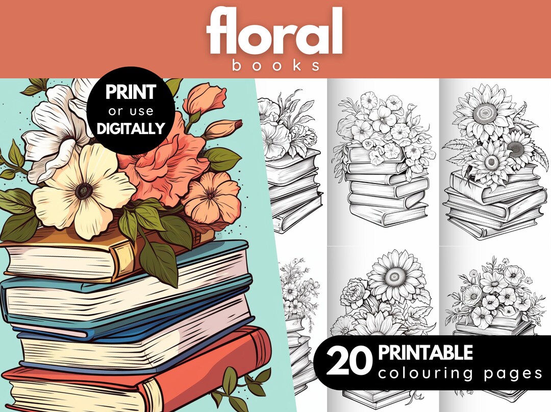 Book Stack Coloring Page, Floral Stack of Books Colouring Pages, Adults ...