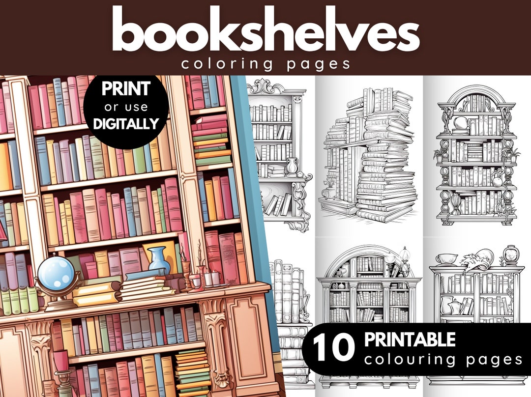 Library Coloring Book, 10 Book Shelves Coloring Pages, Bookish Coloring ...