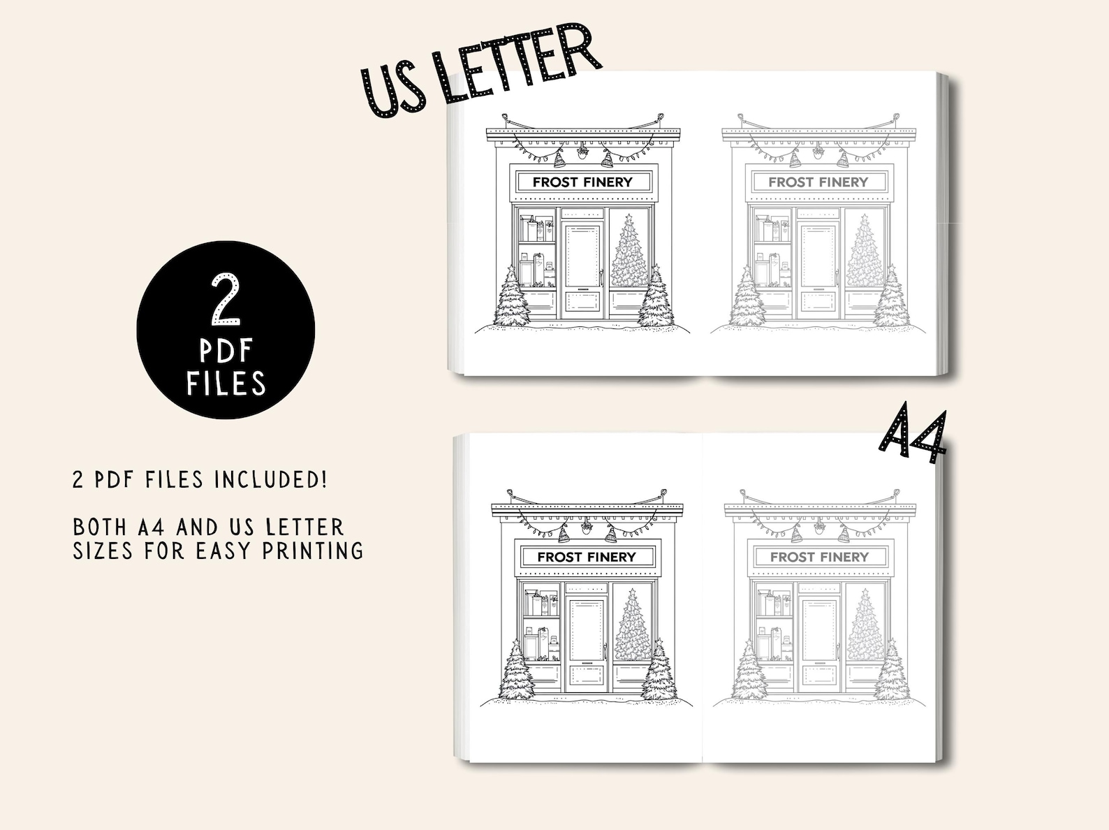 Cozy Christmas Scenes Coloring Pages, Shopfront Coloring Book, Cute ...