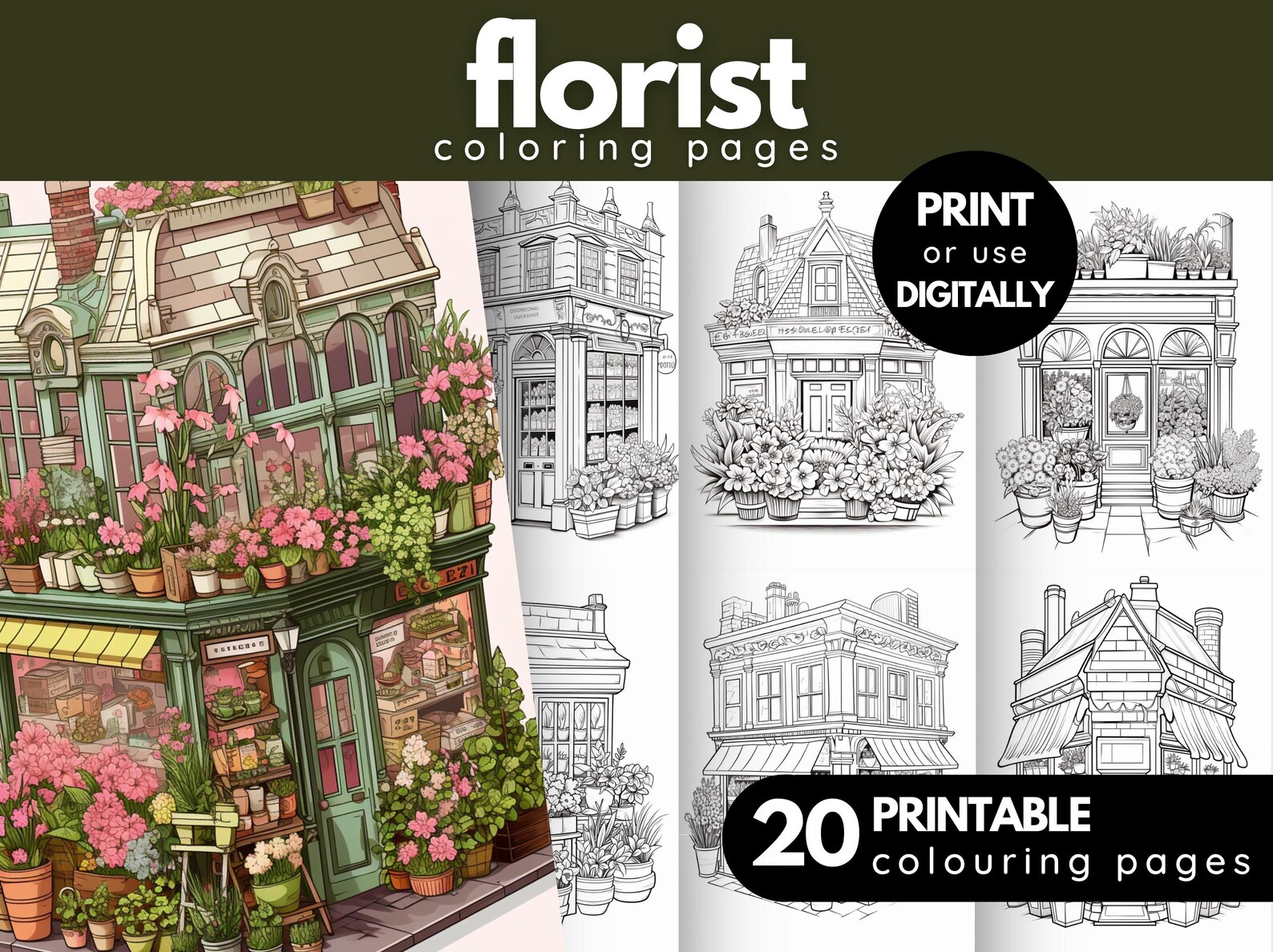 Flower Shop Coloring Sheet, Floral Storefront Coloring, Pretty London ...