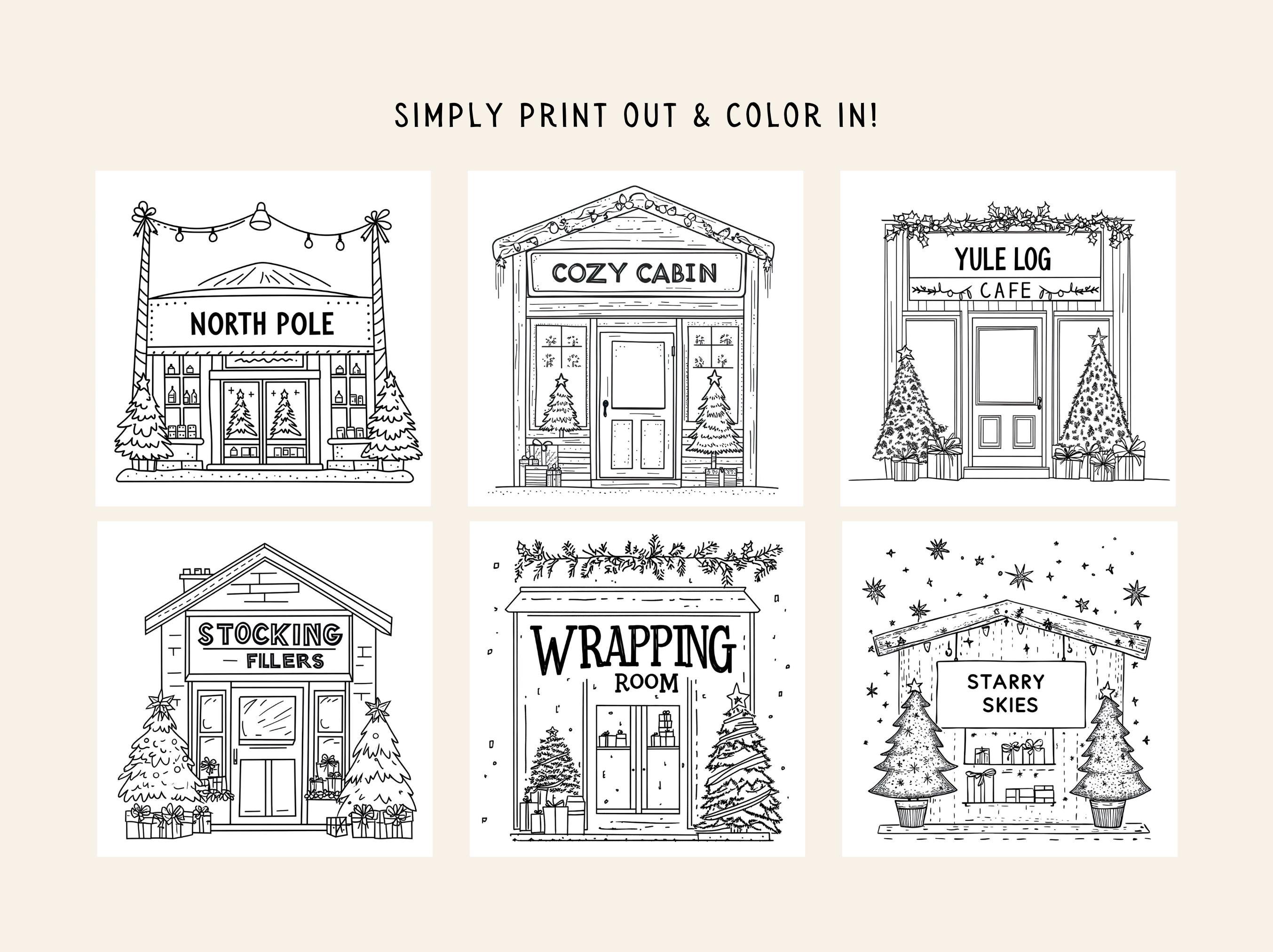 Cozy Christmas Scenes Coloring Pages, Shopfront Coloring Book, Cute ...