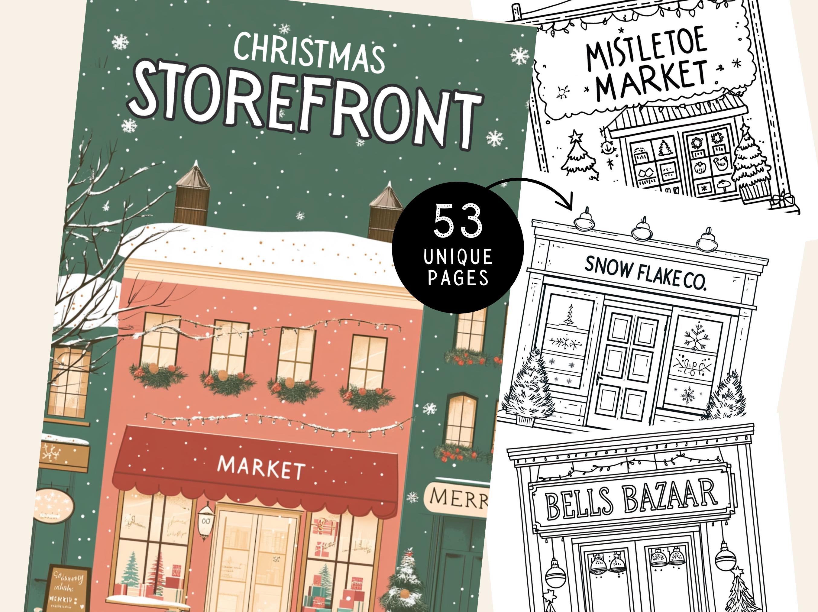 Cozy Christmas Scenes Coloring Pages, Shopfront Coloring Book, Cute ...