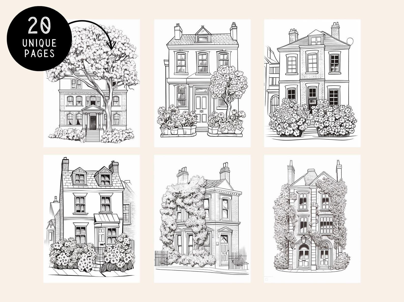 Adult Coloring Pages Houses, 20 Floral House Coloring Sheets, Bricky ...
