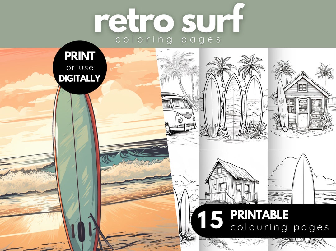 Surf Birthday Coloring Page Retro Surfer Colouring Book, Beach Holiday ...