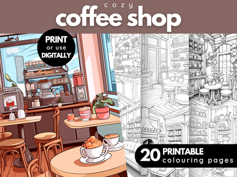 Adult Coloring Pages Coffee House, Cute Coffee Shop Coloring Book, Cozy ...