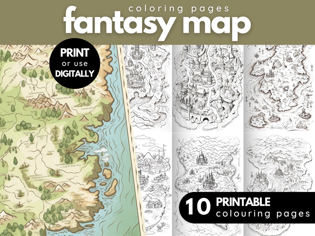Fantasy Map Coloring Page, Mindfulness Adult Coloring Book, Magical ...