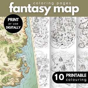 Fantasy Map Coloring Page, Mindfulness Adult Coloring Book, Magical ...