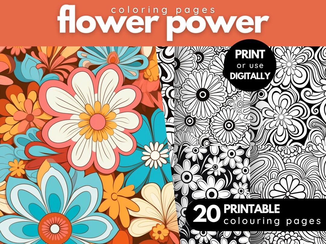 Hippie Coloring Pages, Flower Power Coloring Book, 70s Retro Floral ...