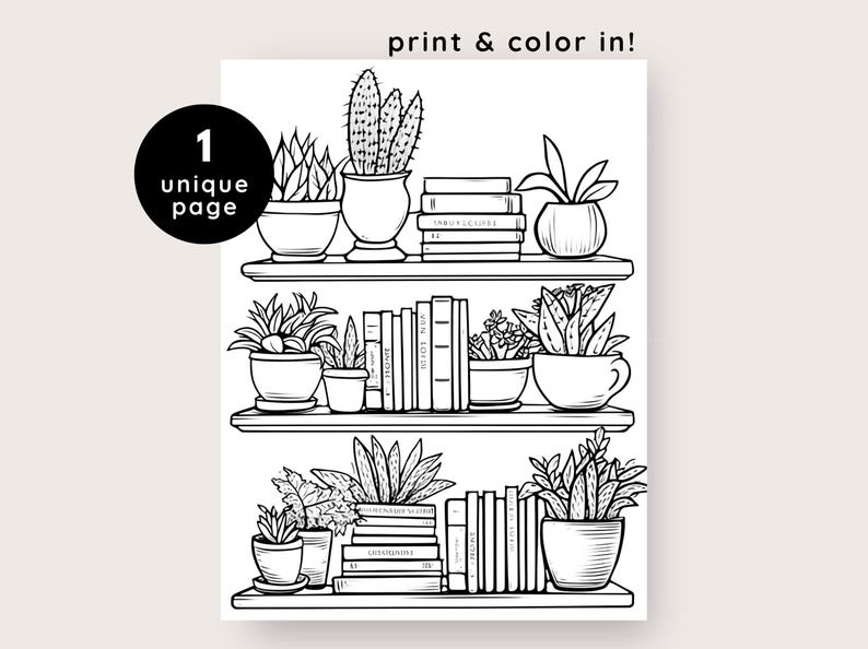 Bookshelf Coloring Page, Boho Printable, Coffee Plants Bookish Library ...