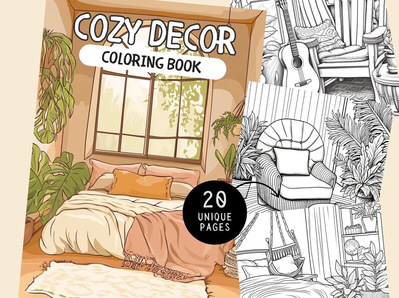 Interior Coloring Pages, Cozy Coloring Book for Adults, Interior Design ...