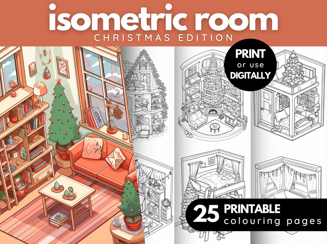 Isometric Room Coloring, Cute Coloring Book for Relaxing, Festive ...
