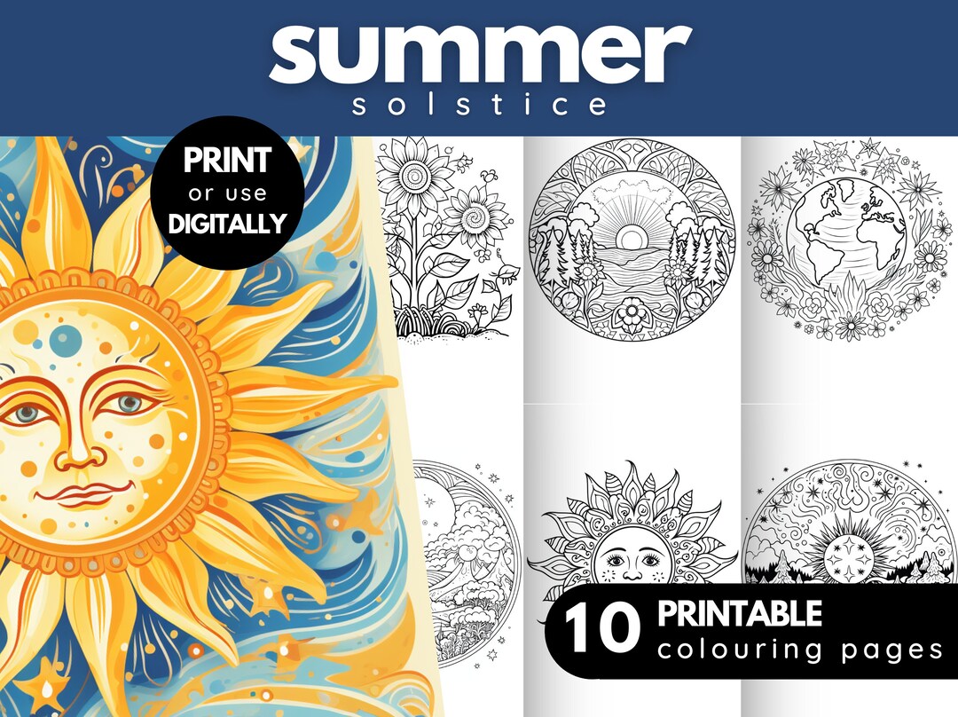 Summer Solstice Coloring Page, Mindfulness Adult Coloring Book, Floral ...