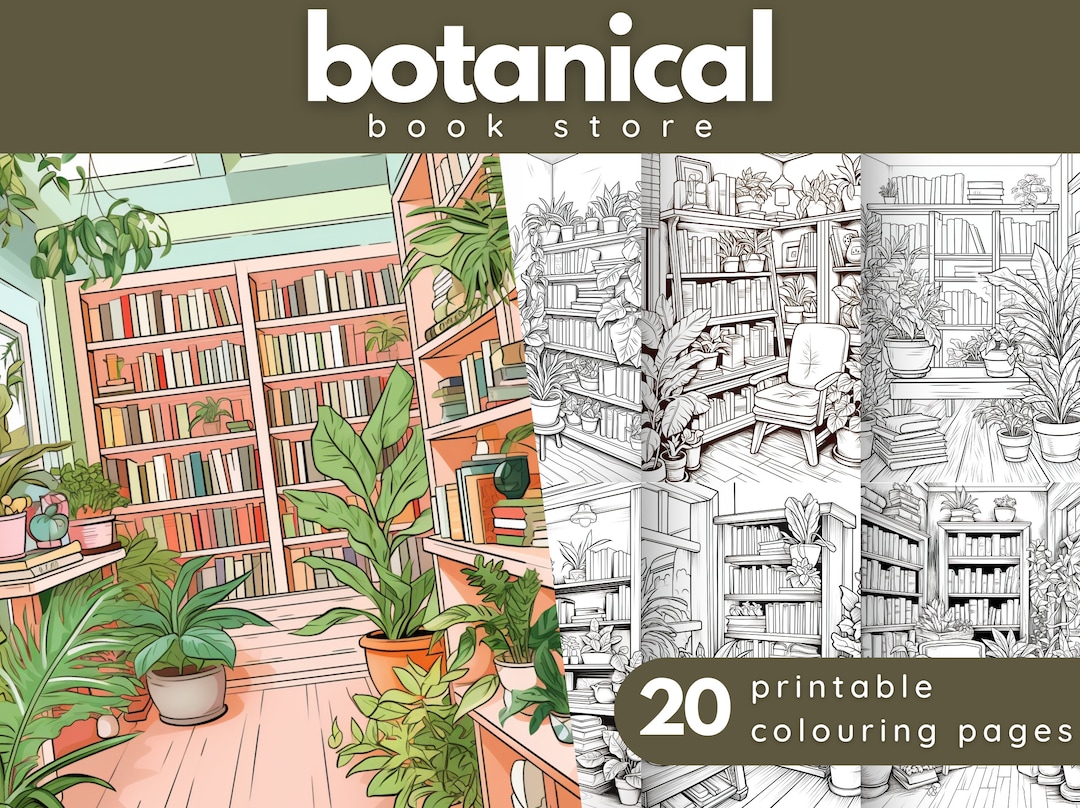 Cozy Spaces Coloring, Book Store Interior Colouring Pages, Botanical ...