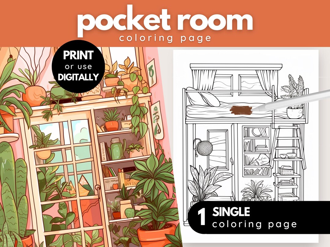 Pocket Room Coloring, Printable Activity Page for Adults, Boho Tiny ...