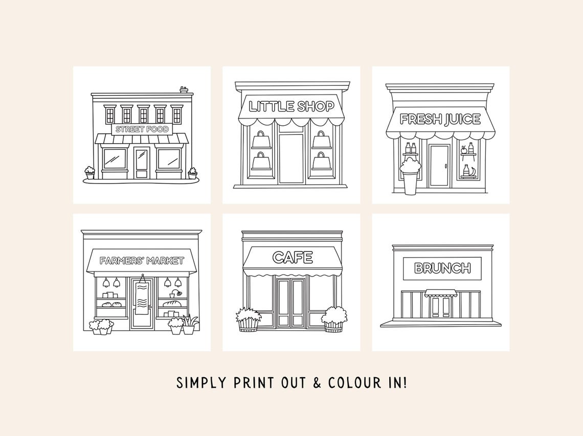 Coloring Pages Storefront, Shopfront Coloring Book, Cute Shops, Kawaii ...