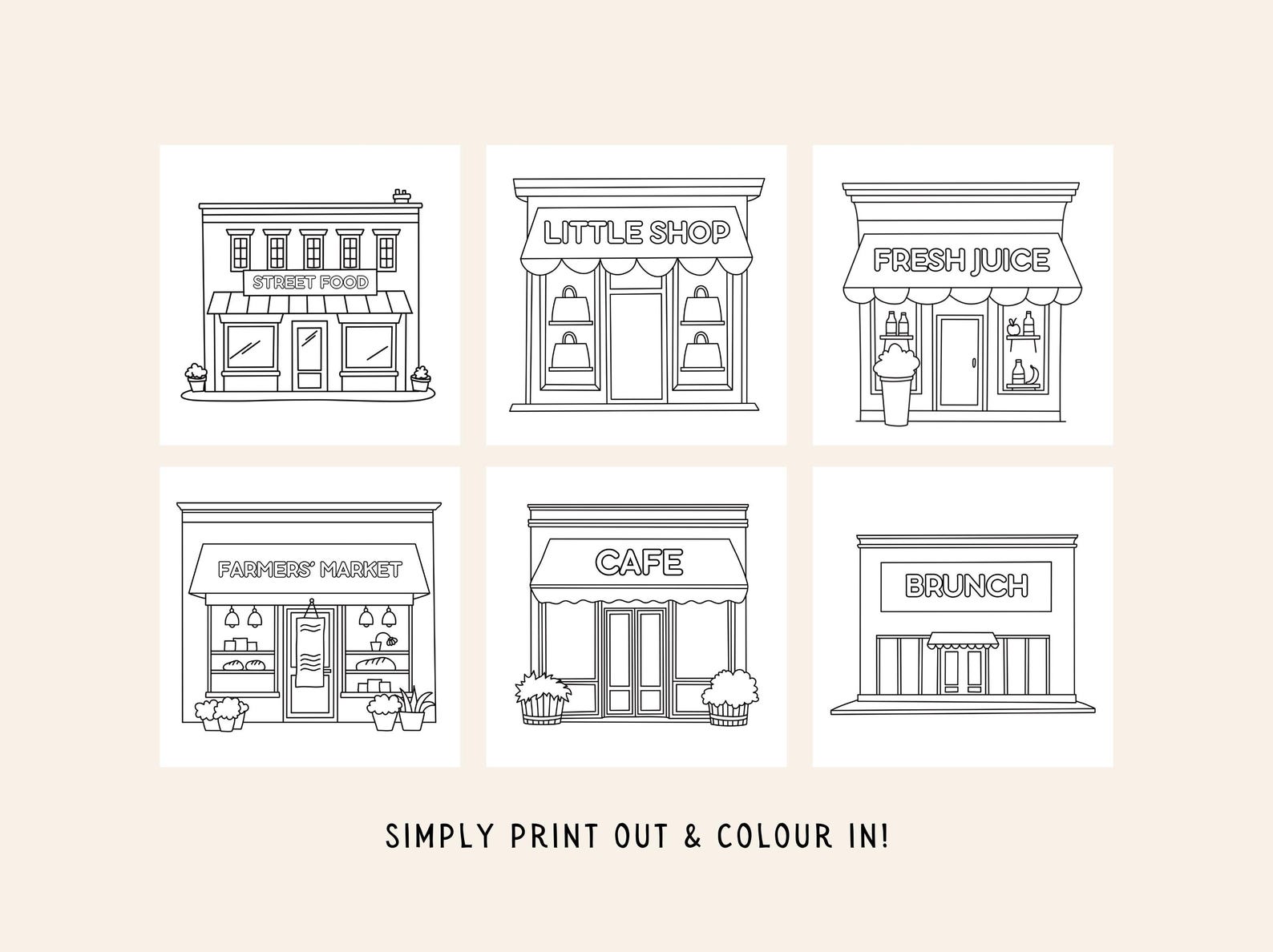 Coloring Pages Storefront, Shopfront Coloring Book, Cute Shops, Kawaii ...