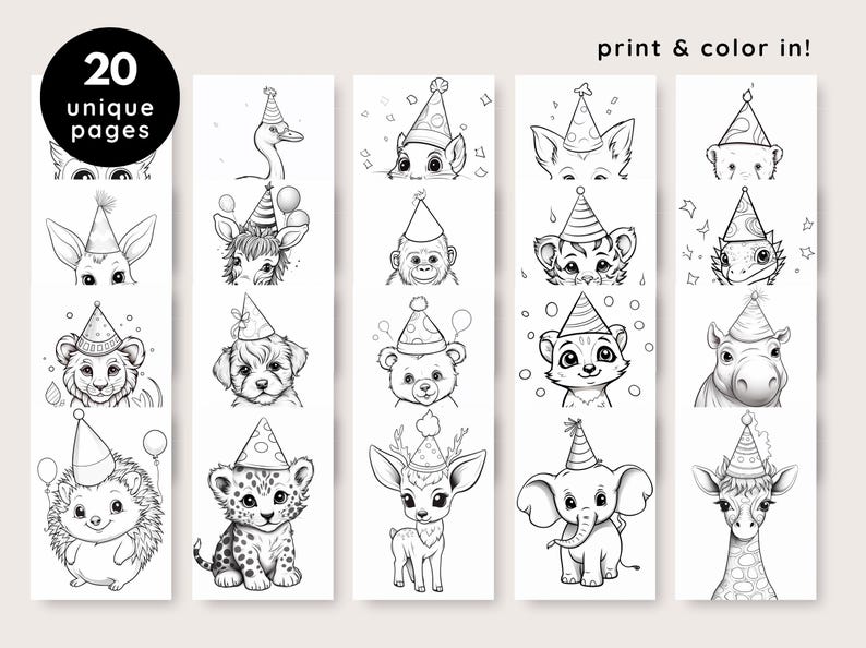 Party Animal Coloring Pages, Animals in Birthday Party Hats, Safari ...