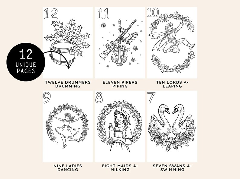 12 Days of Christmas Coloring Book, Printable Winter Coloring Pages for ...