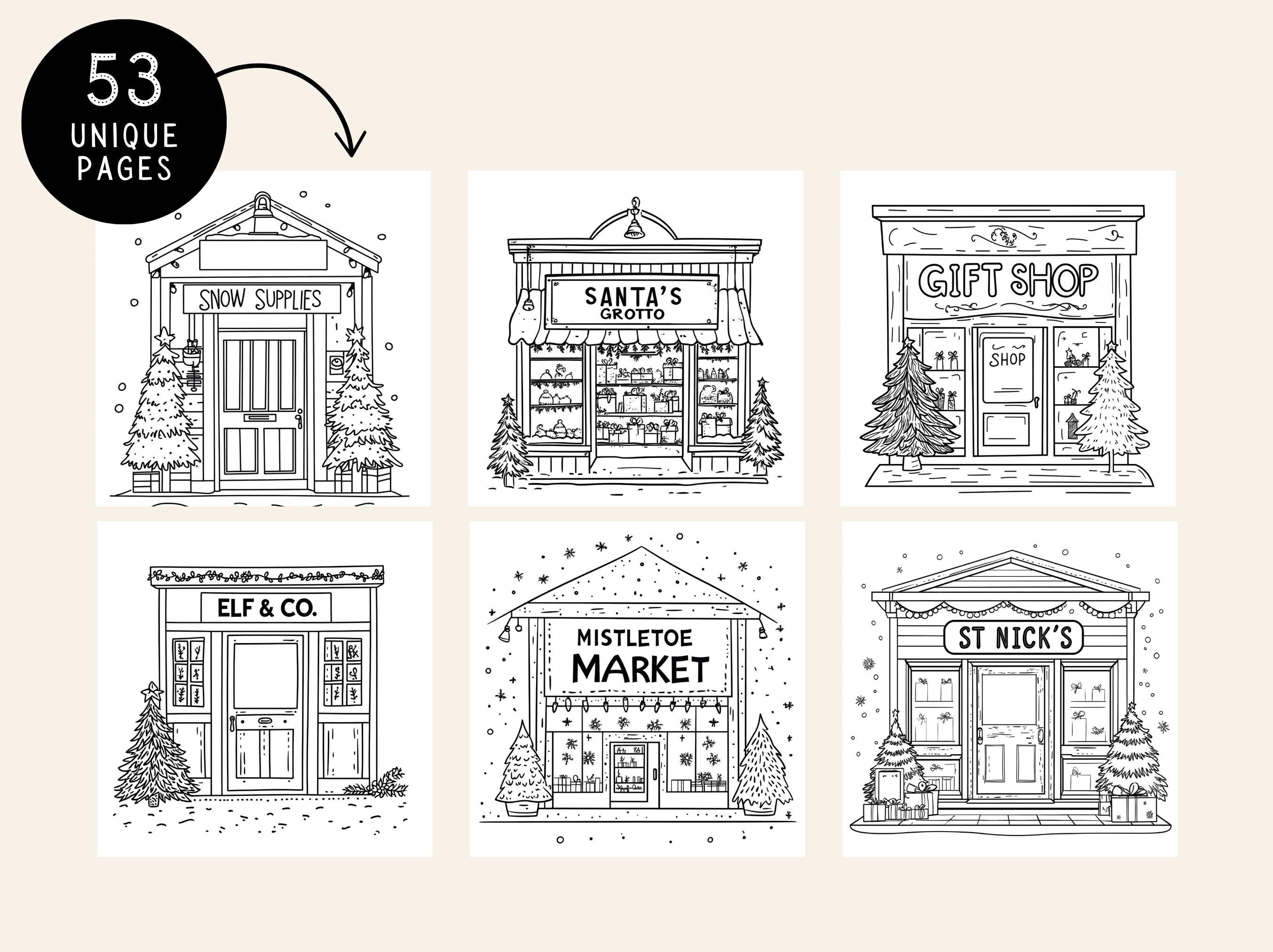 Cozy Christmas Scenes Coloring Pages, Shopfront Coloring Book, Cute ...