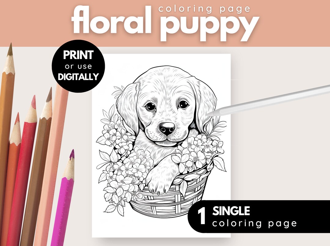 Cute Puppy Coloring Page, Single Page Coloring, Floral Dog Colouring ...