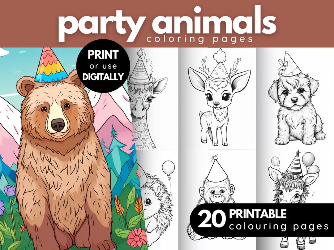 Party Animal Coloring Pages, Animals in Birthday Party Hats, Safari ...
