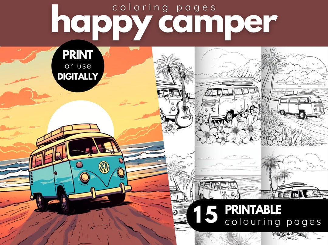Happy Camper Coloring Page Adult Colouring Book, Beach Holiday Coloring ...