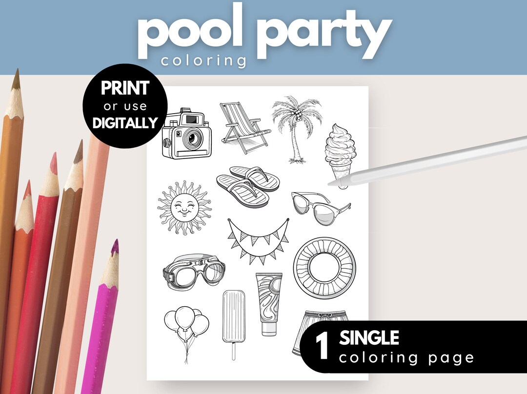 Pool Party Coloring Page, Mini Single Page Coloring Sheet, Coloring ...