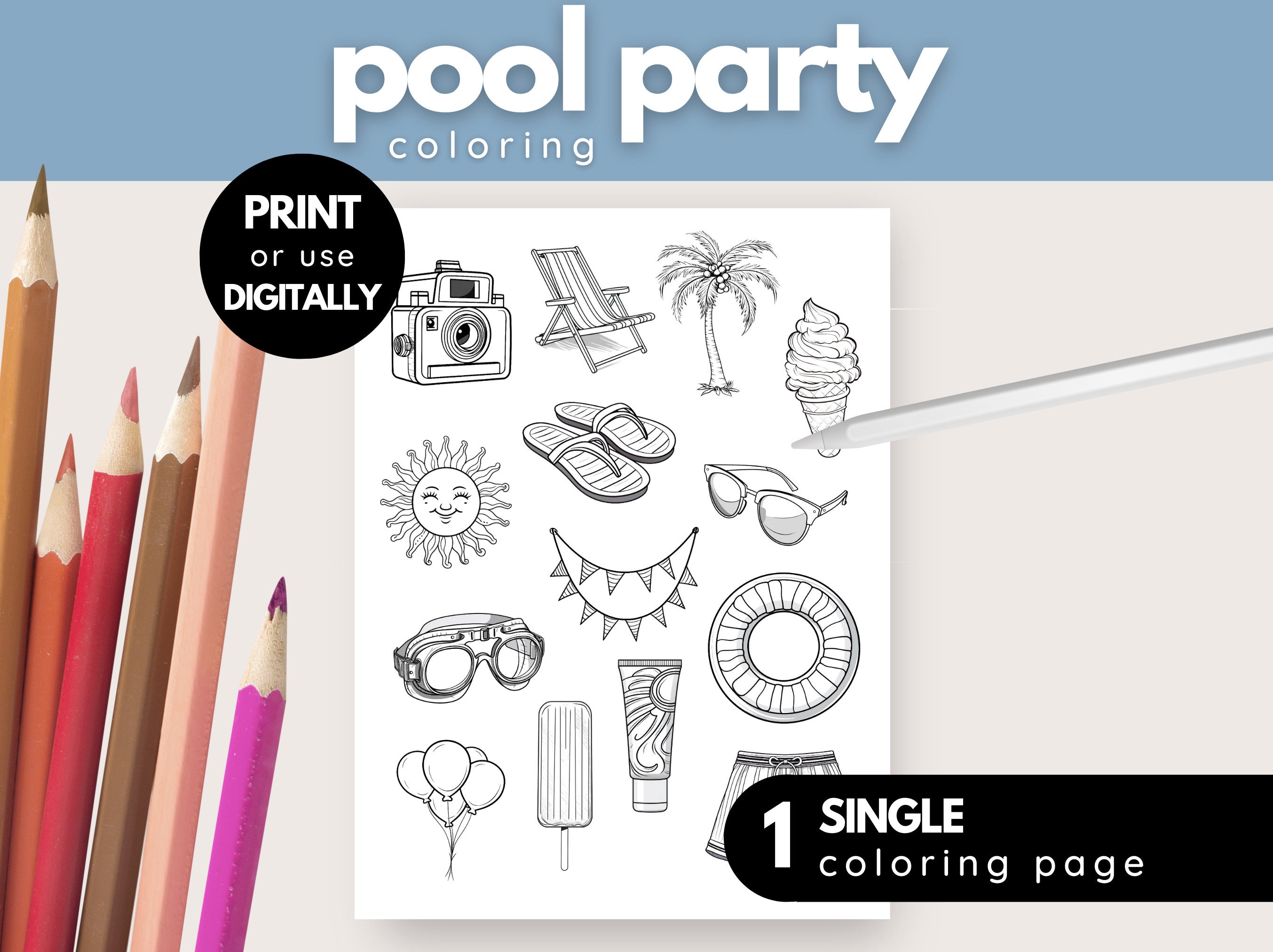 Pool Party Coloring Page, Mini Single Page Coloring Sheet, Coloring ...