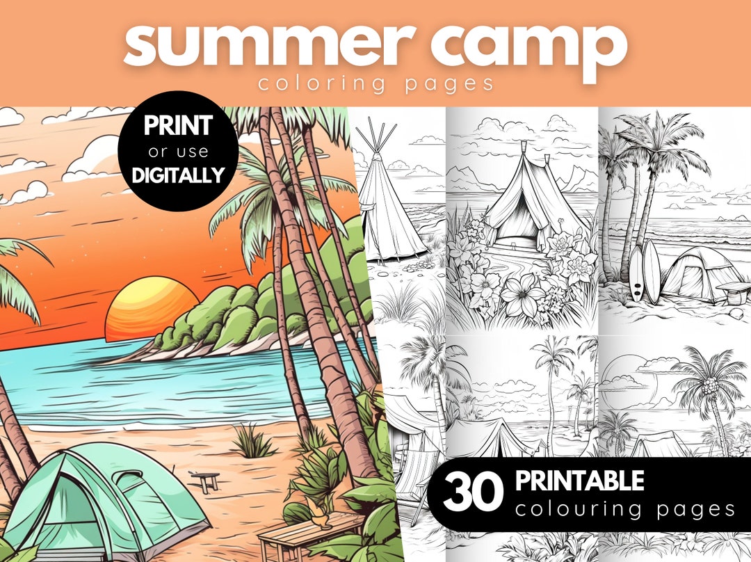 Summer Camping Coloring Pages Adult Colouring Book for Vacation, Beach ...